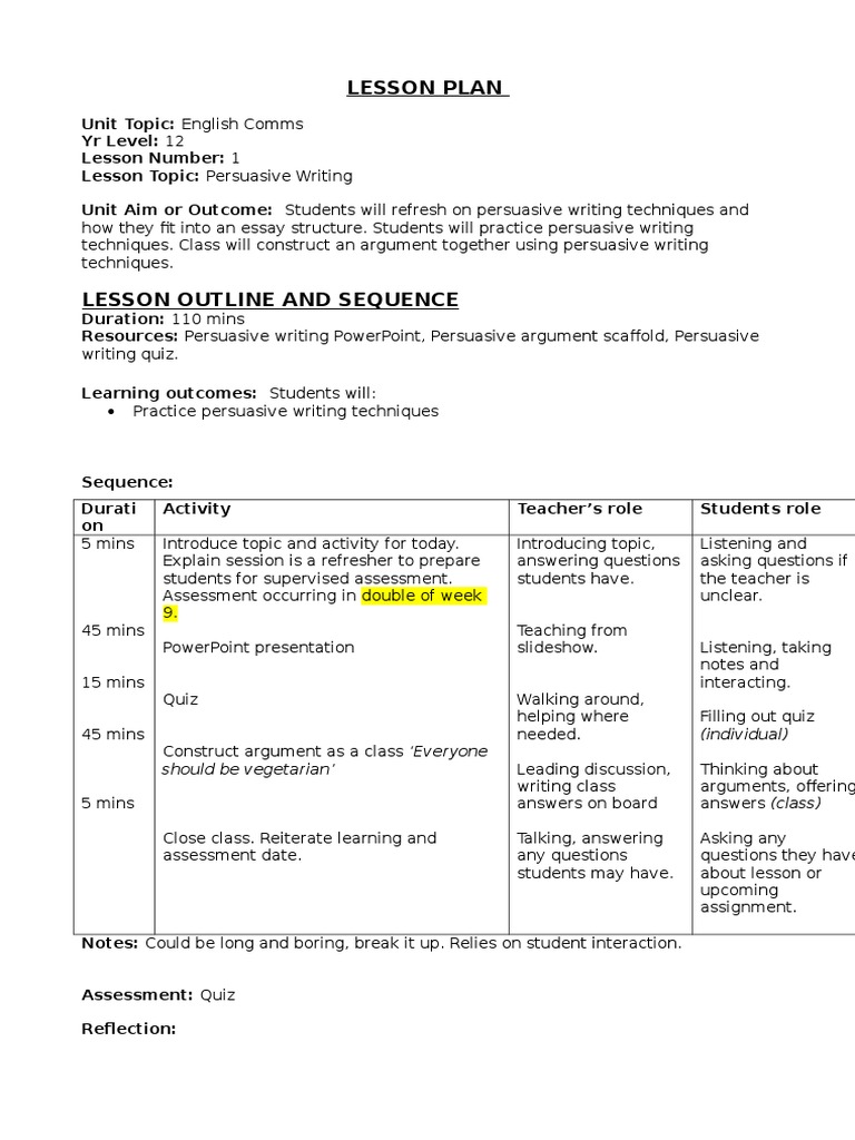 Persuasive Writing Lesson Plans for Year 10-12 | PDF | Persuasion ...