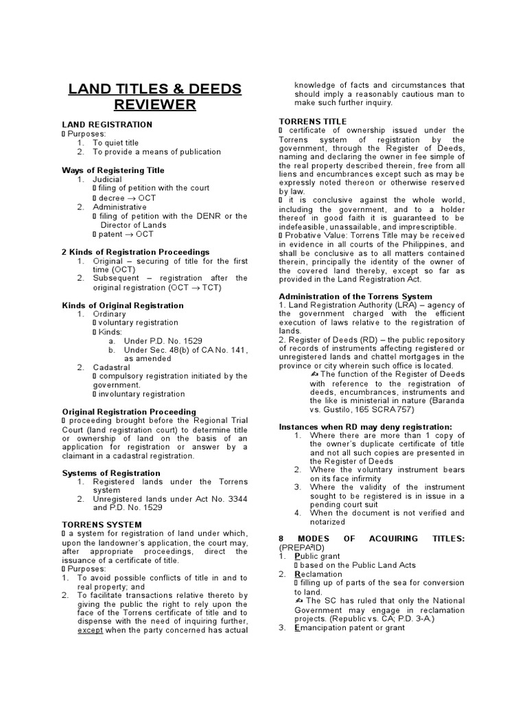 Land Titles and Deeds (Final) | PDF | Title (Property) | Deed