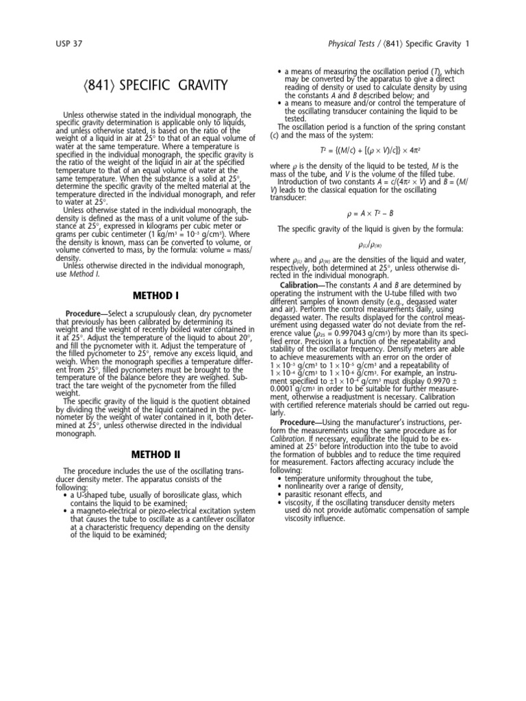 Specific Gravity Usp | PDF | Density | Scientific Observation