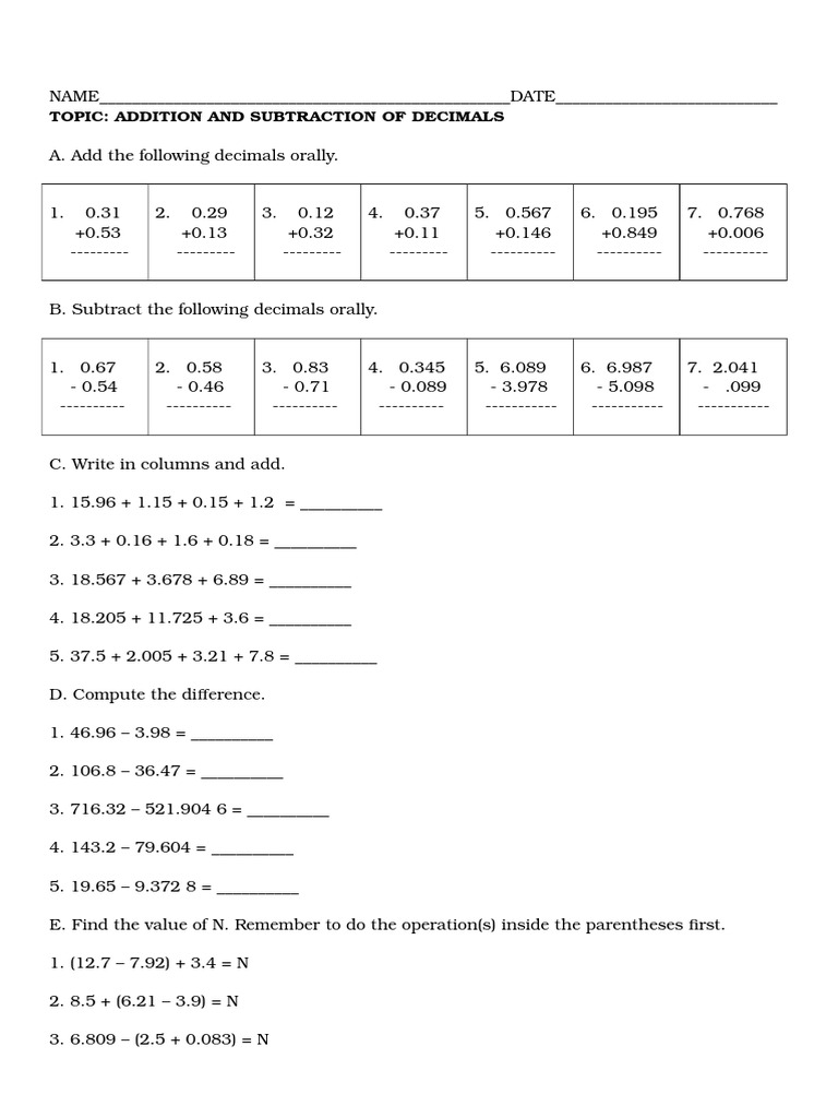 Decimal Addition and Subtraction Practice | PDF | Teaching Methods ...