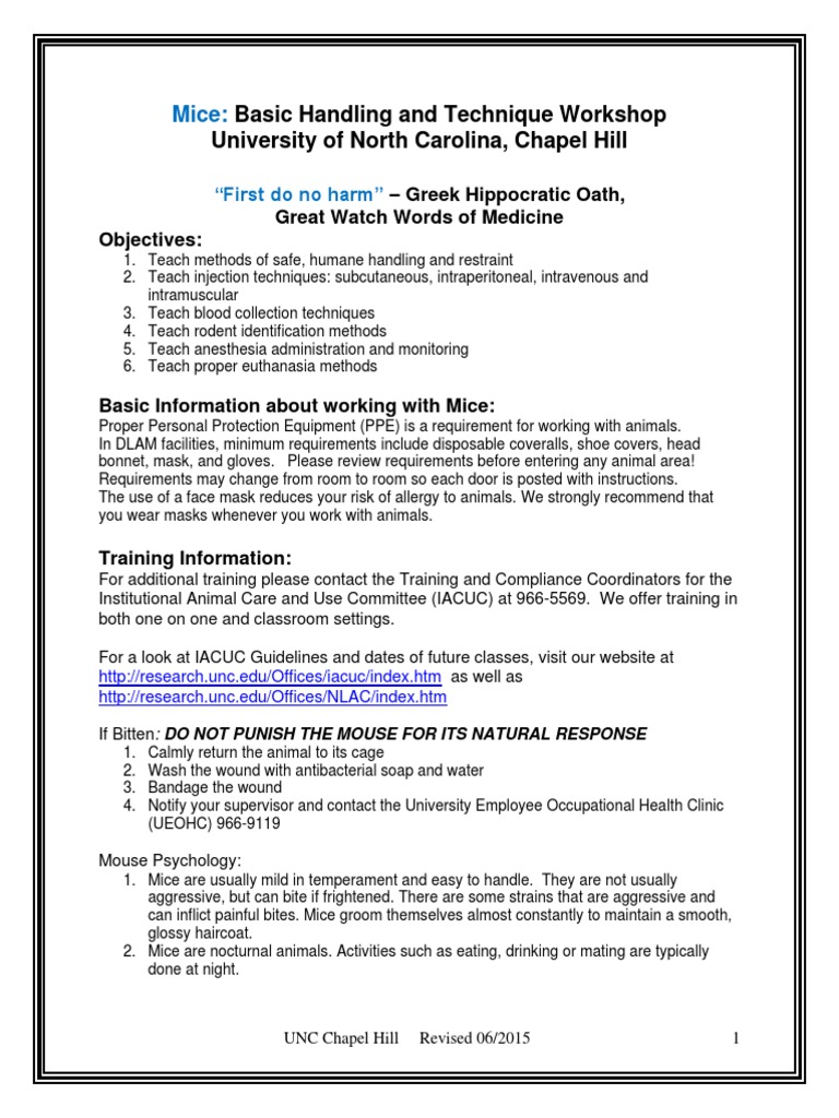 Mouse Handling Techniques Packet | PDF | Injection (Medicine) | Anesthesia