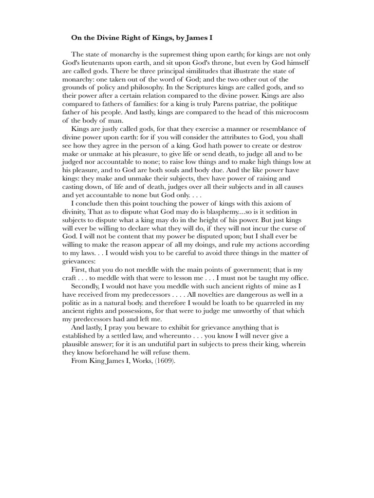Divine Right of Kings: James I's Argument | PDF | God | Religious ...
