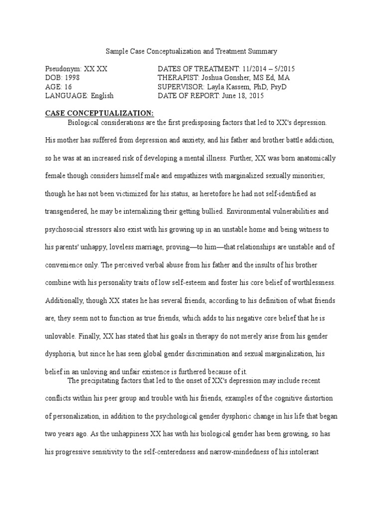 Sample Case Conceptualization And Treatment Summary Pdf Psychotherapy