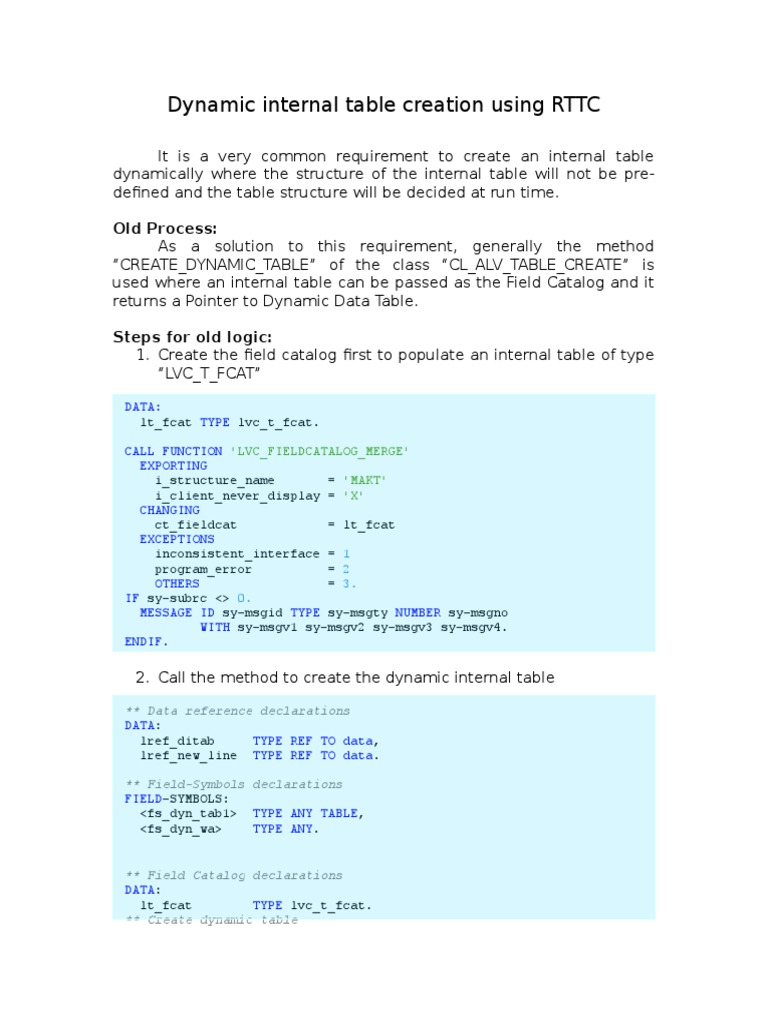 Dynamic Internal Table Creation | Download Free PDF | Class (Computer Programming) | Data Type