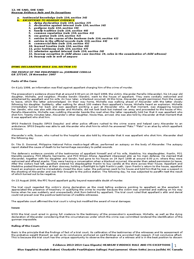 Hearsay Evidence Rule and Its Exception Compilation | PDF | Hearsay ...