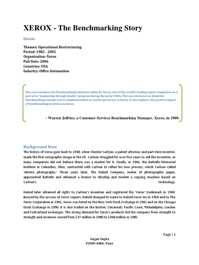 XEROX Benchmark Story: Case Study | PDF | Benchmarking | Inventory