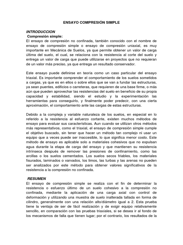 Ensayo de Compresión Simple | Mecánica de suelos | Resistencia ...