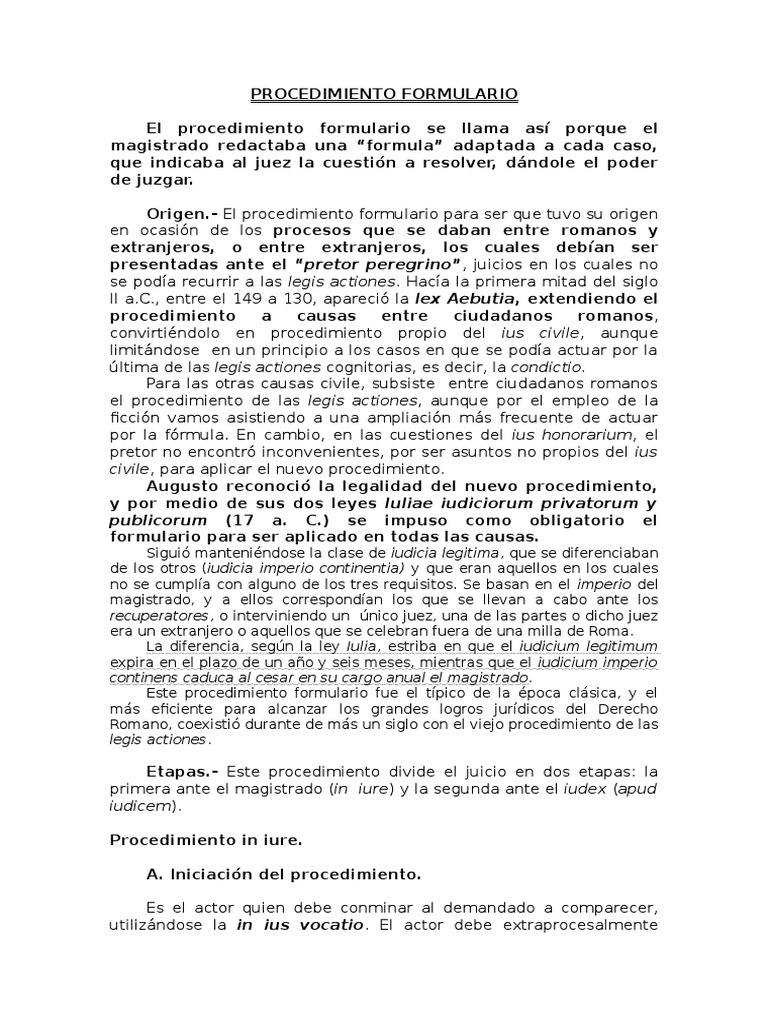 Procedimiento Formulario en Derecho Romano | PDF | Causa de la acción ...