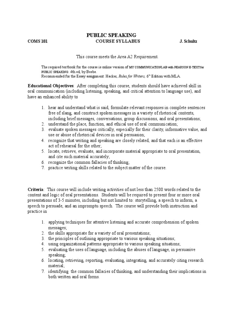 Course Syllabus COMS 101 | PDF | Public Speaking | Speech