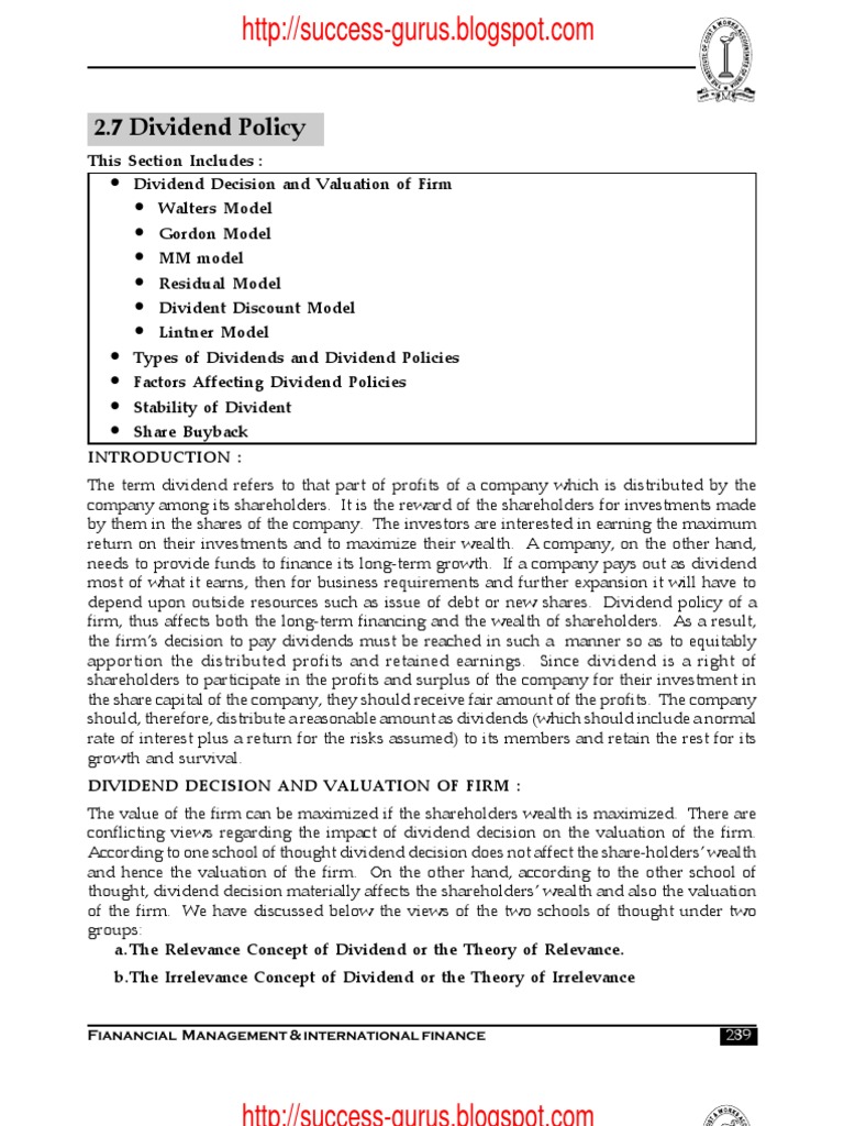 ICWAI Dividend Policy-Financial Management & International Finance ...