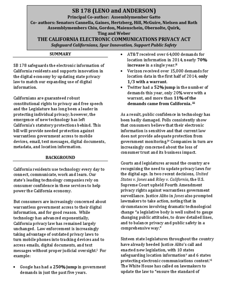 SB 178 CalECPA Fact Sheet - 1 | PDF | Privacy | Surveillance