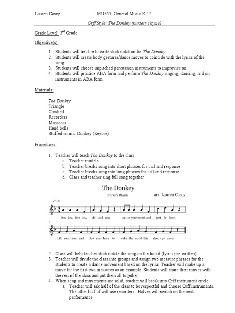 Orff Lesson Plan | PDF | Dances | Curriculum