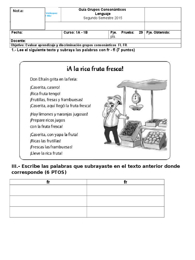 Prueba Grupo Consonantico FR FL | PDF