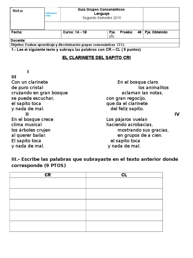 Pruebas Grupo Consonantico Cl Cr