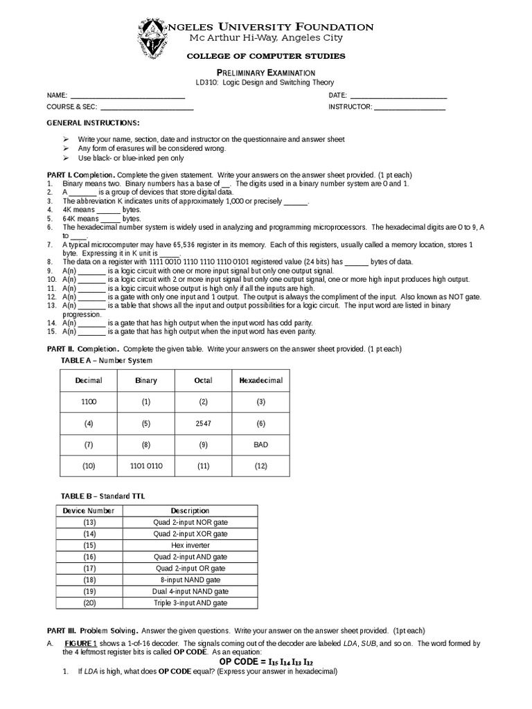 Logic Design Preliminary Exam Guide | PDF | Logic Gate | Electronic ...