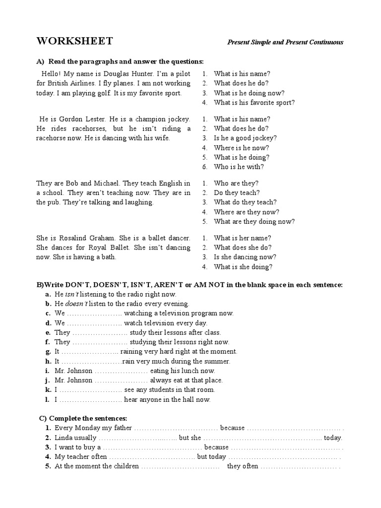 WORKSHEET Present Simple and Present Continuous | PDF | Leisure