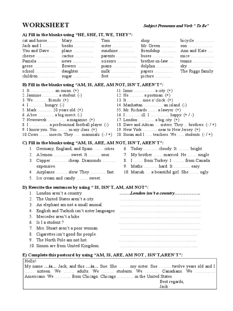 WORKSHEET Subject Pronouns and Verb to Be