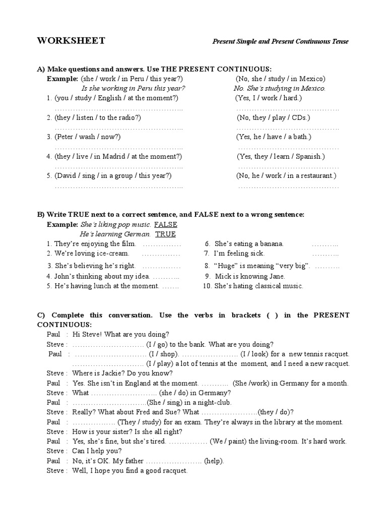 WORKSHEET Present Simple and Present Continuous Tense | PDF | Ellipsis ...