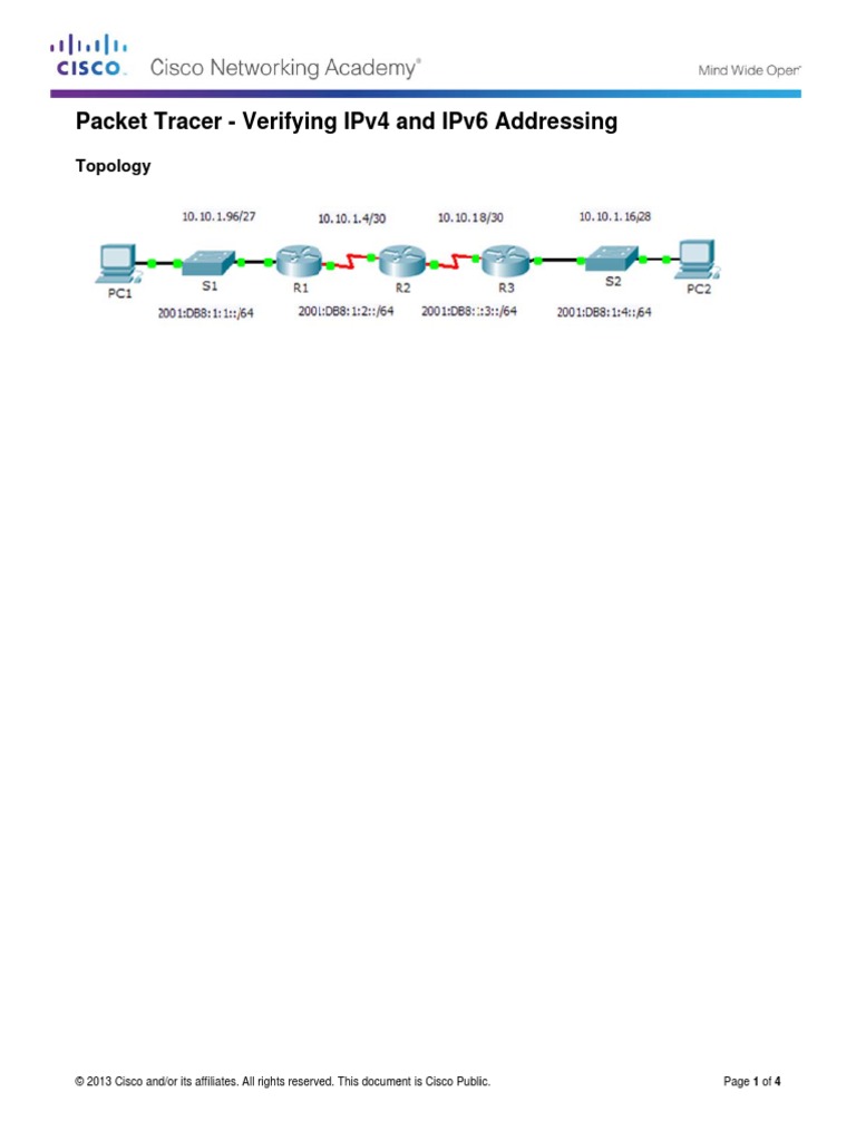 8.3.2.5 Packet Tracer - Verifying IPv4 and IPv6 Addressing Instructions | PDF | I Pv6 | Internet ...