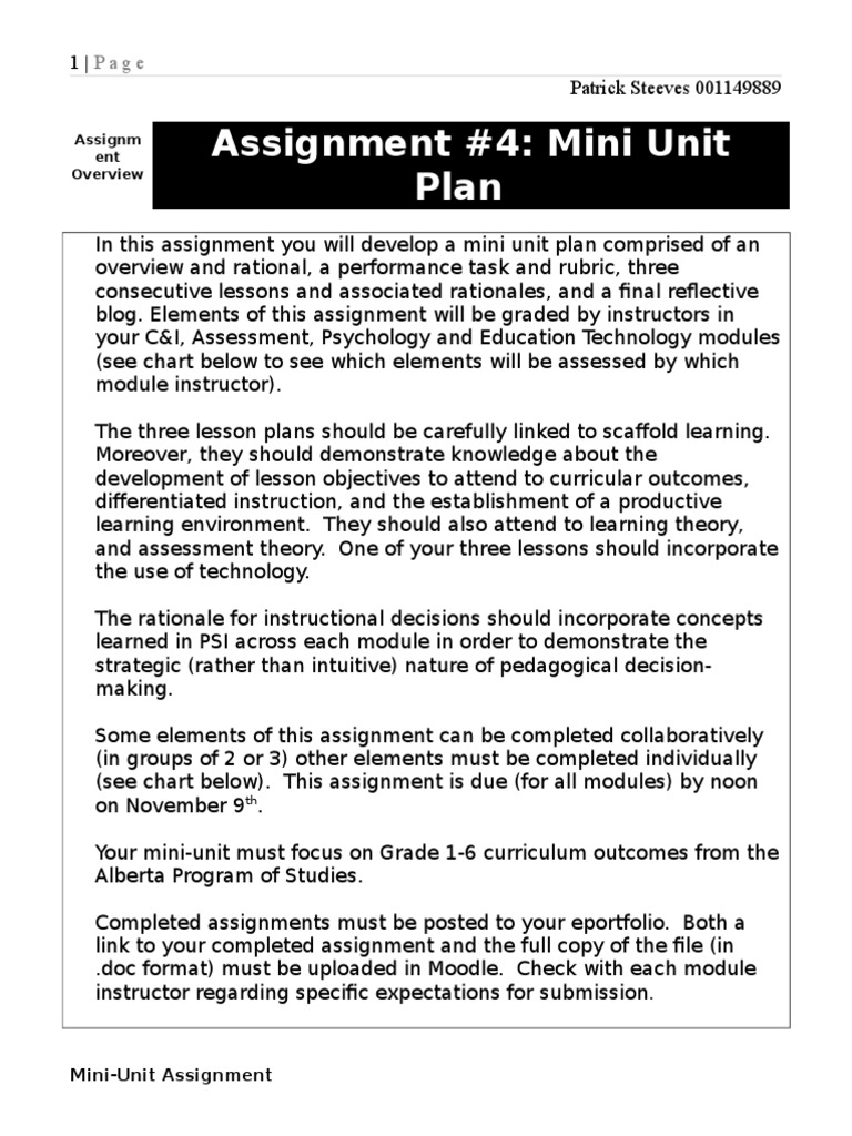 Assignment #4: Mini Unit Plan: Assignm Ent | PDF | Educational ...
