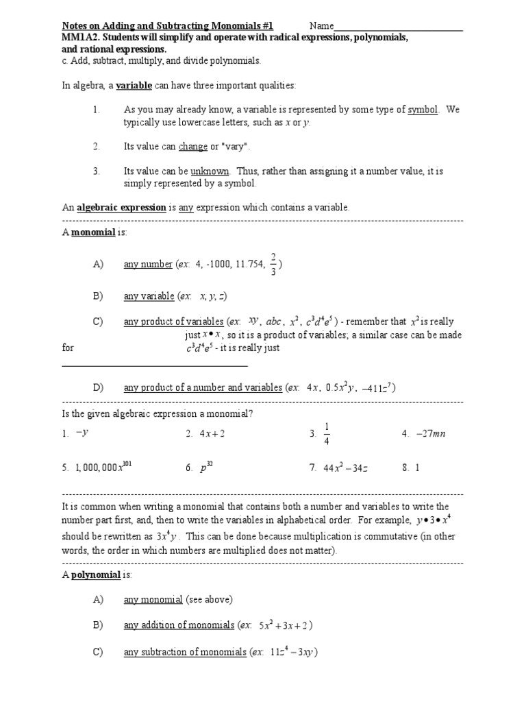 Adding and Subtracting Monomials 1 | PDF | Variable (Mathematics ...