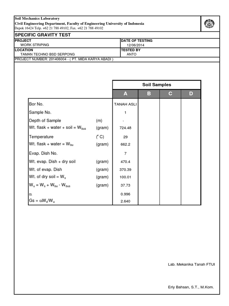 Specific Gravity Test Results | PDF | Science & Mathematics