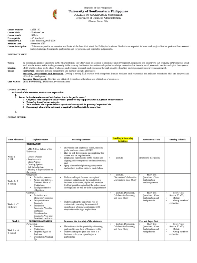 Syllabus Business Law | PDF | Curriculum | Partnership