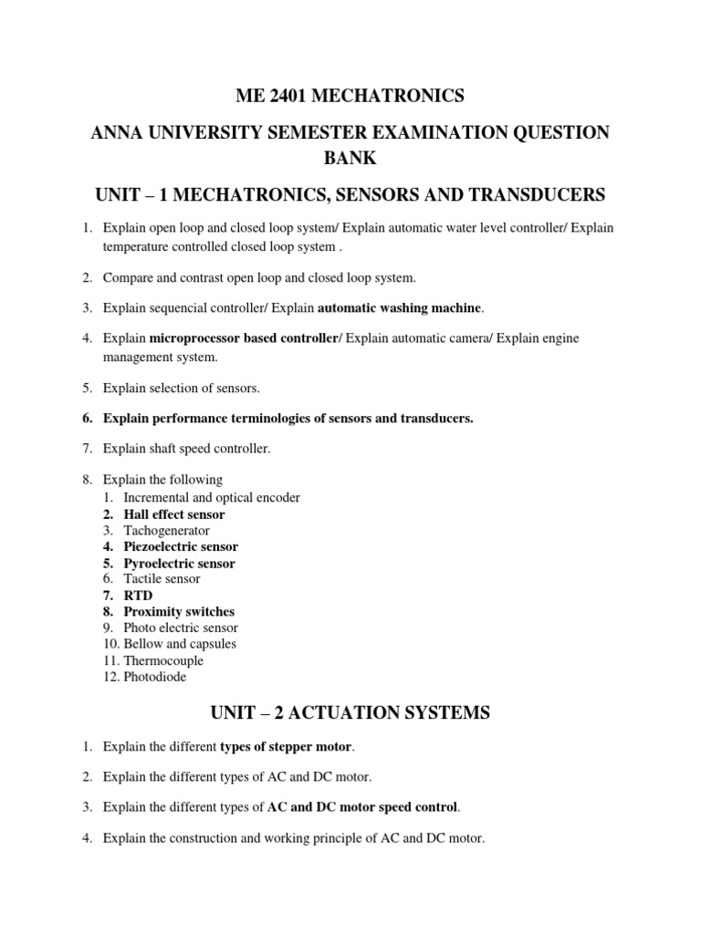 Me 2401 Mechatronics 1-5 Important Questions | PDF | Programmable Logic Controller | Machines