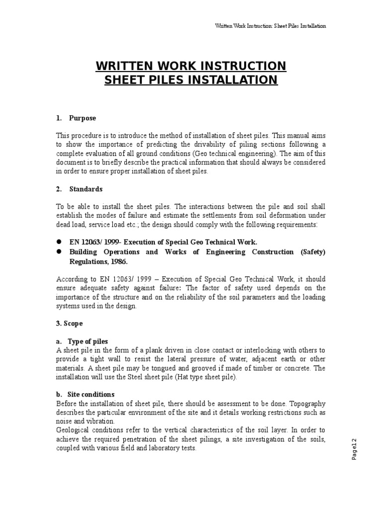 Written Work Instruction (Sheet Piles Installation) | PDF | Deep ...