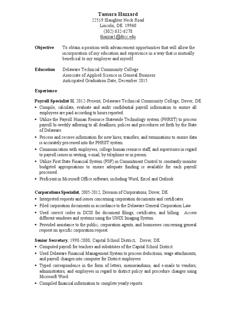 Payroll Specialist Resume for Tamara Hazzard | PDF | Career & Growth ...