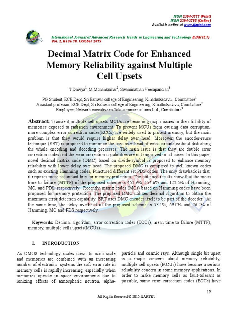 Decimal Matrix Code For Enhanced Memory Reliability Against Multiple Cell Upsets Pdf Forward