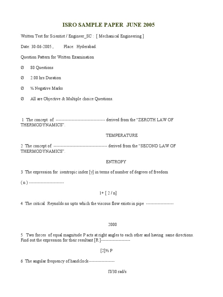 Isro Sample Paper June 2005 | PDF | Fluid Dynamics | Reynolds Number