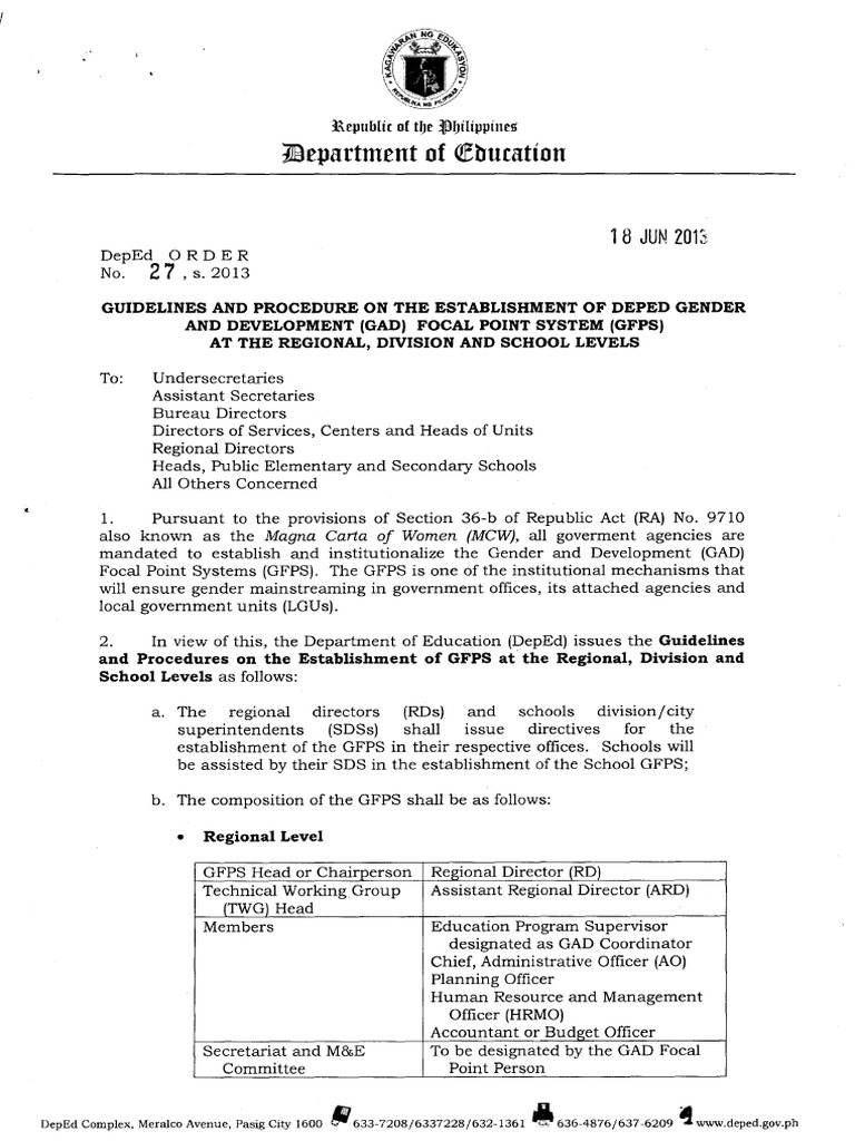 DepEd Order No. 27, S. 2013 (Guidelines & Procedures On The ...