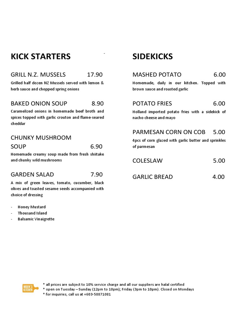 Moon's Kitchen Menu Overview | PDF | Steak | French Fries