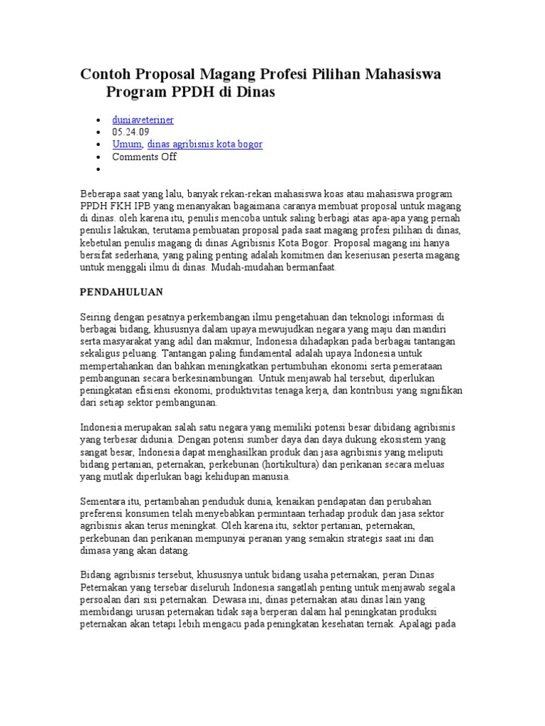 Contoh Proposal Magang Profesi Pilihan Mahasiswa Program PPDH Di Dinas | PDF | Teknologi & Rekayasa