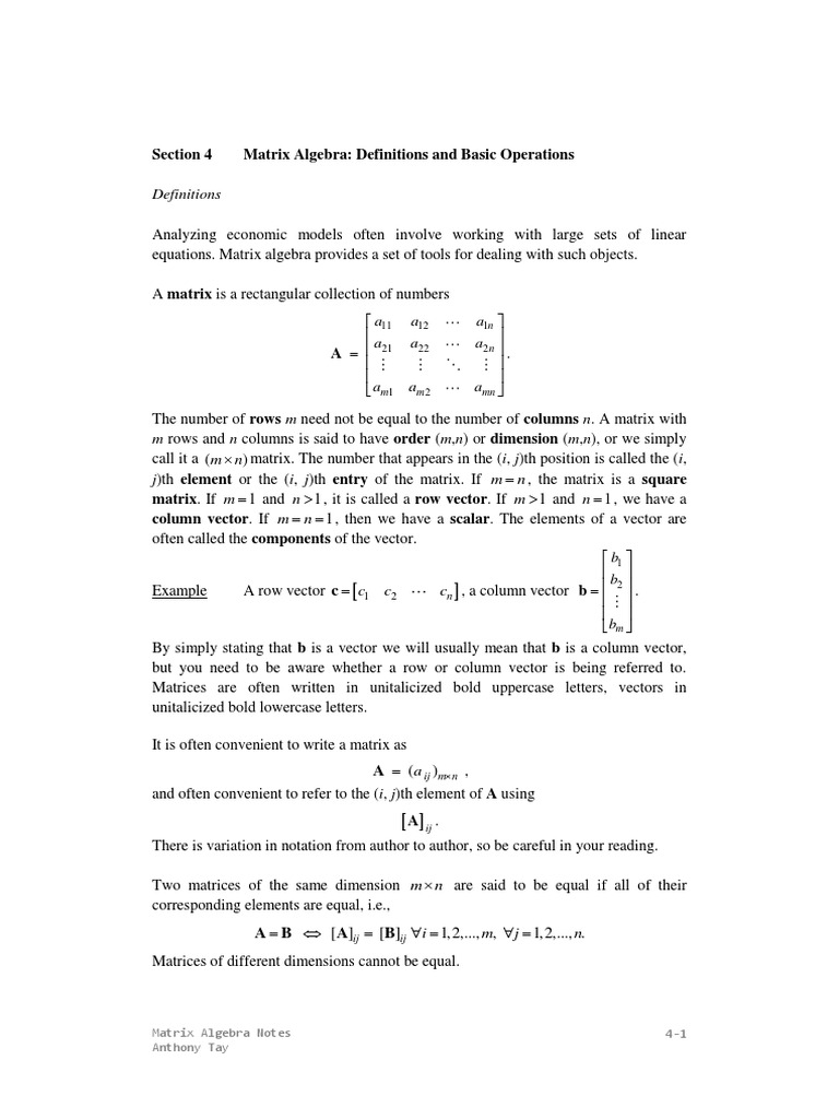 Section 4 Matrix Algebra: Definitions and Basic Operations | PDF ...