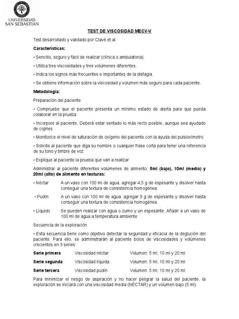 Test MECV-V para Disfagia y Viscosidad | PDF | Agua | Especialidades ...