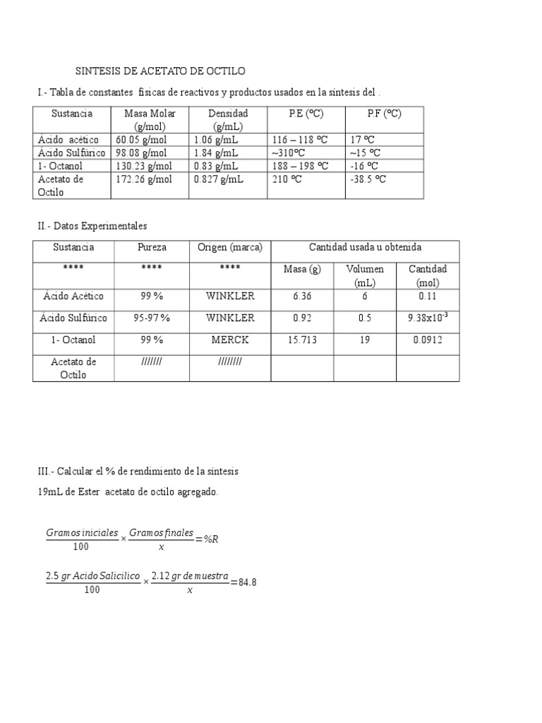Síntesis y Usos del Acetato de Octilo | PDF | Acetato | Mole (Unidad)