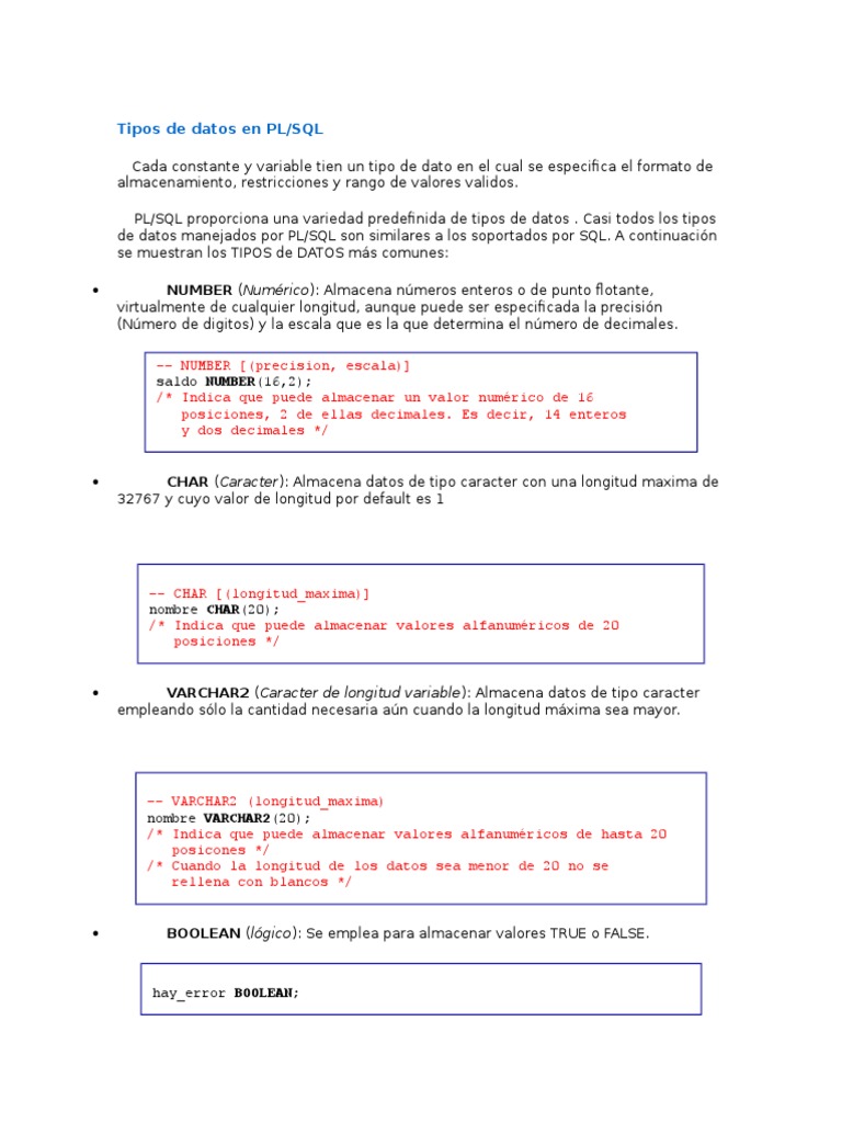 Tipos de Datos en PL SQL | PDF | Tipo de datos | Pl / Sql