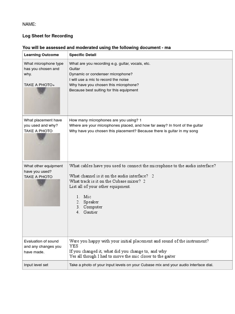 Log Sheet For Recording You Will Be Assessed and Moderated Using The ...