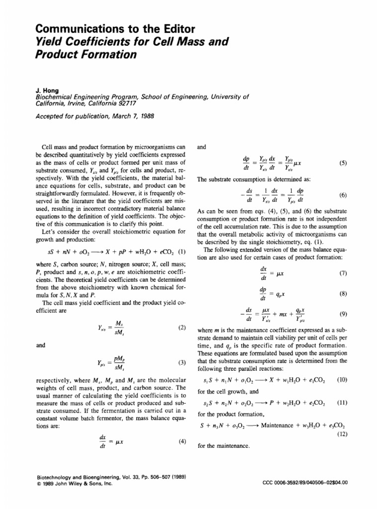 Product and Cell Yield Coefficients | PDF | Stoichiometry | Physics