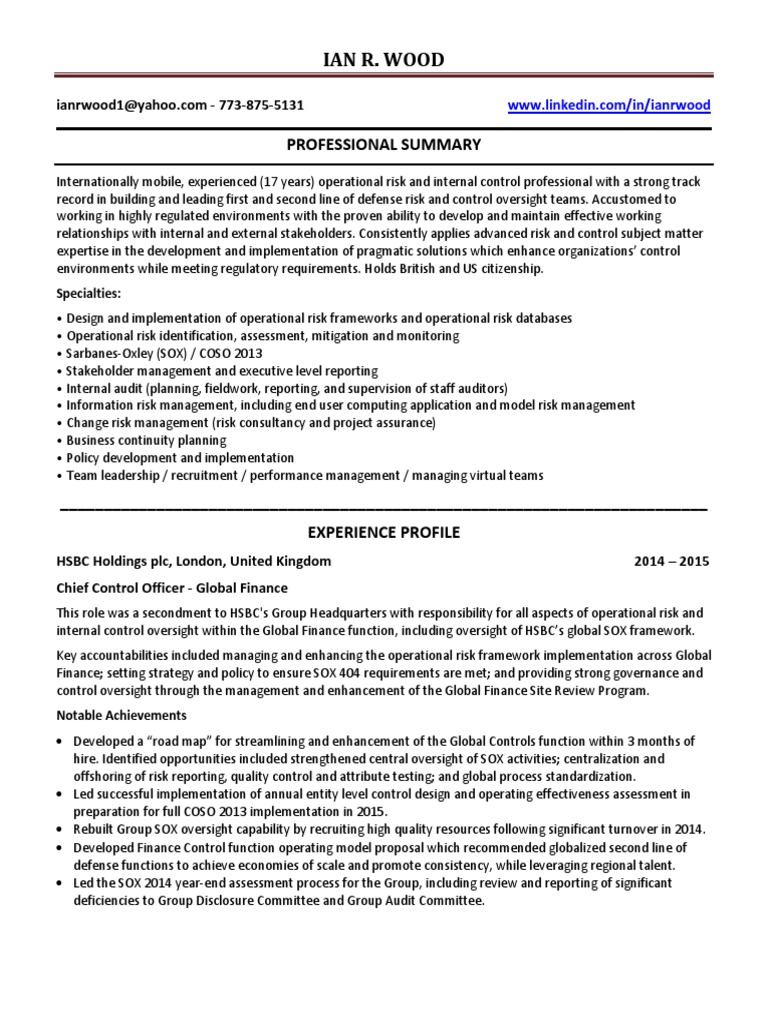 Director Operational Risk Control Head in Chicago IL Resume Ian Wood ...