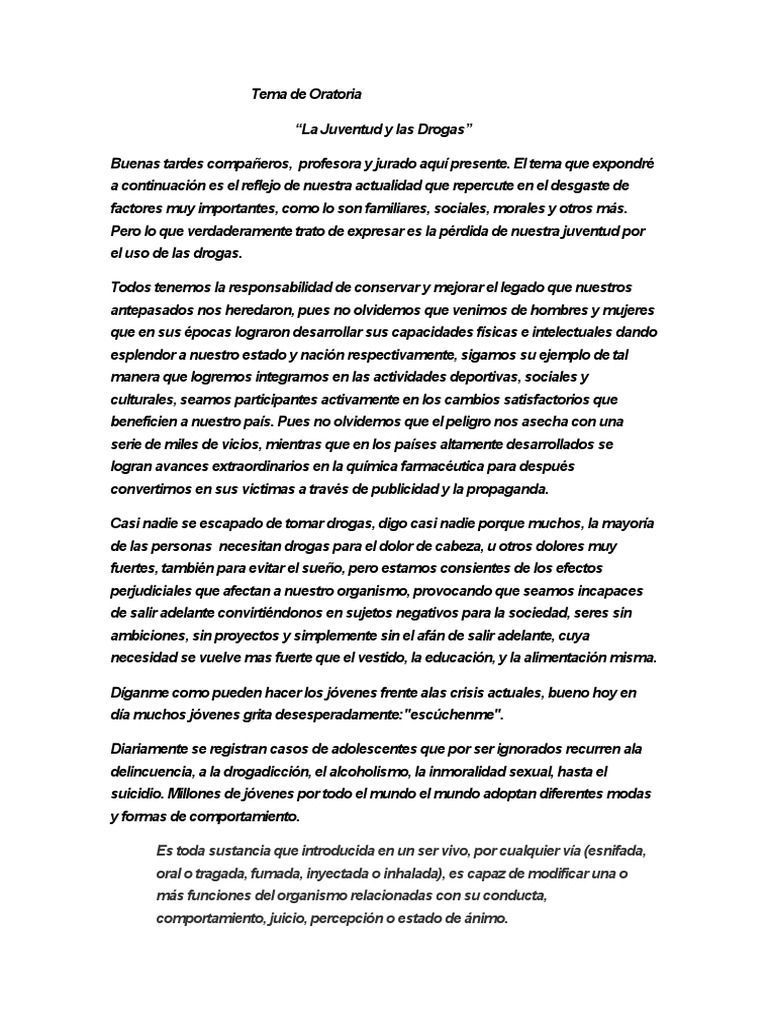 Oratoria Las Drogas | PDF | La dependencia de sustancias | Juventud