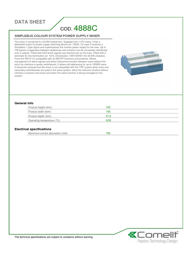 Comelit 4888C Power Supply Mixer Data Sheet | PDF