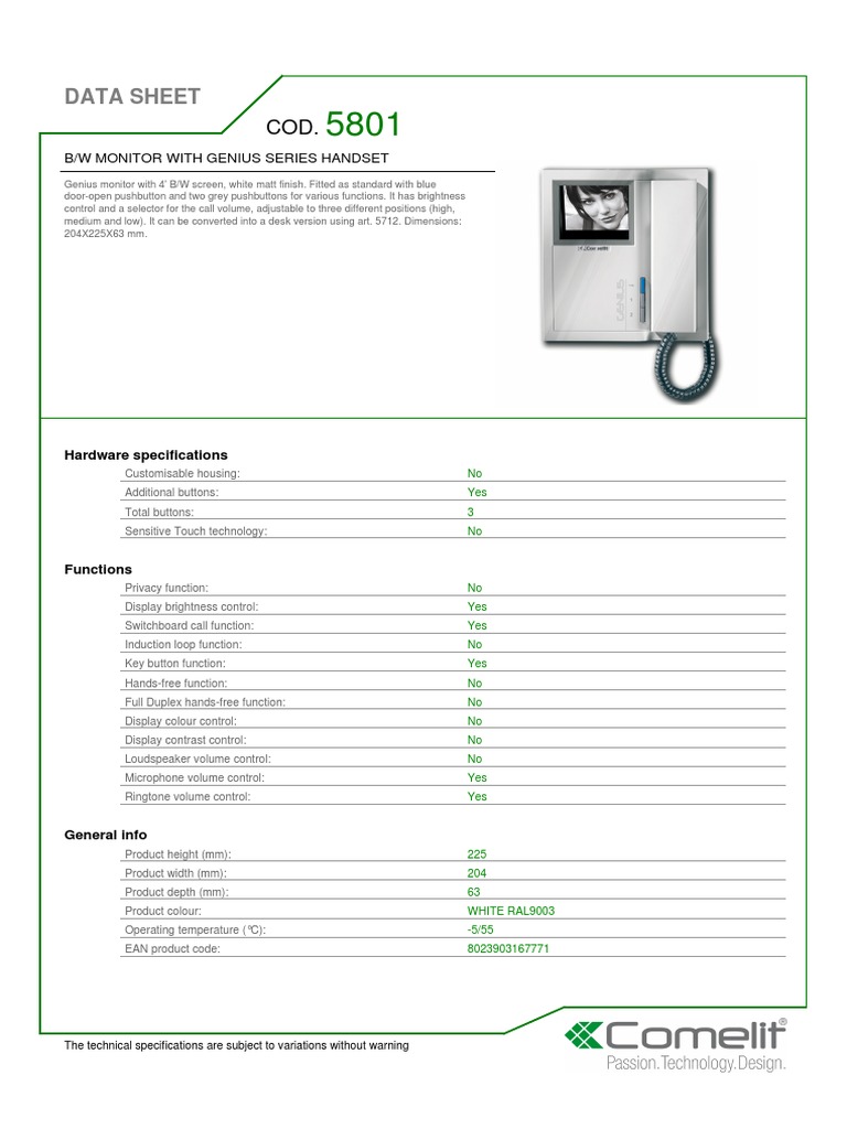 Comelit 5801 Data Sheet | PDF