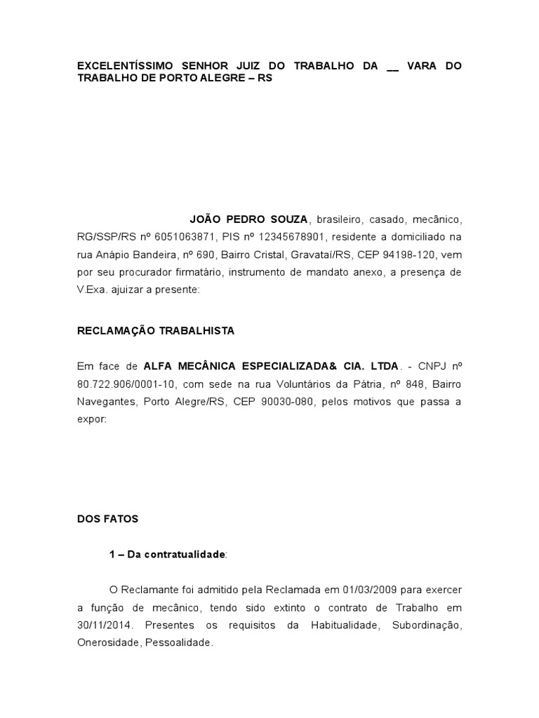 Modelo de Petição Inicial - Rito Ordinário - Trabalhista | PDF | Férias ...