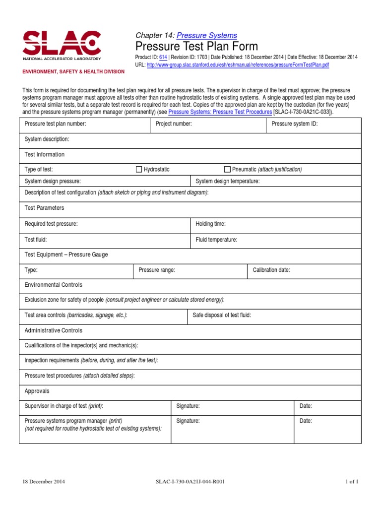 Pressure Test Plan Form for Safety Compliance | PDF | Computers