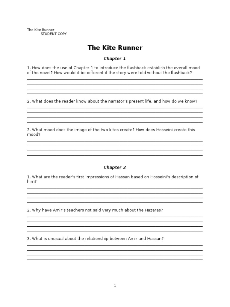 The Kite Runner Questions CH 1-6 - Student | PDF | Novels