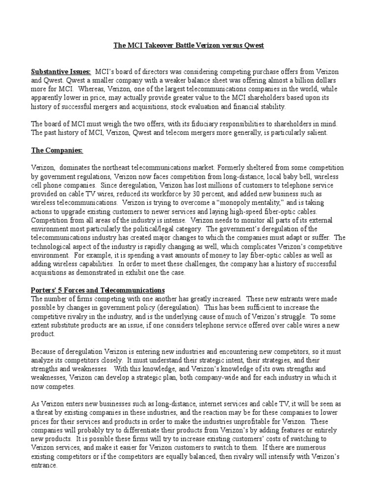 The MCI Takeover Battle Verizon Versus Qwest | PDF | Verizon ...