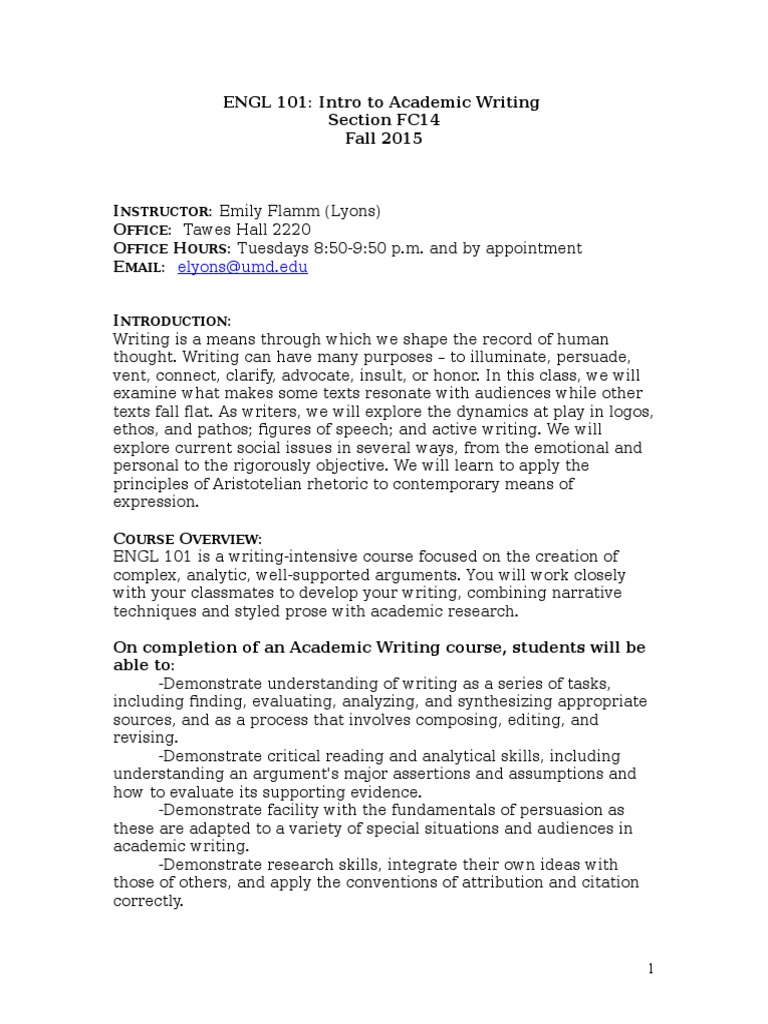 UMD ENGL 101 Course Overview | PDF | Homework